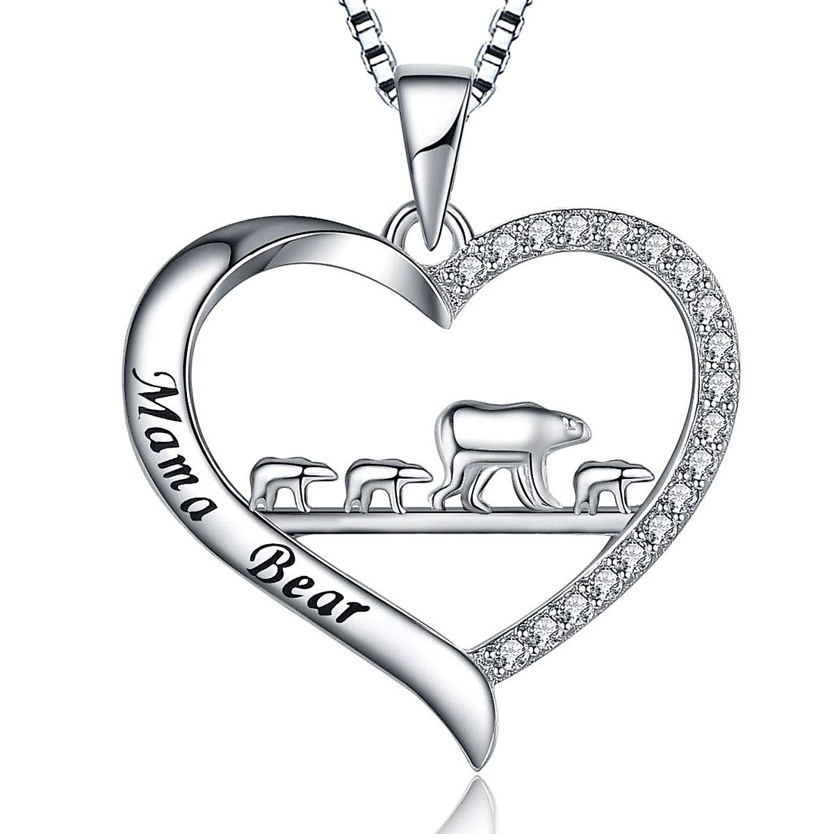 MUATOGIML Mothers Day Gifts 925 Sterling Silver Engraved Mama Bear Mother Daughter Love Heart Pendant Necklace, Jewelry Gifts for Mom Women Wife