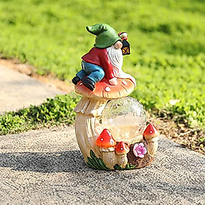 Ovewios Garden Gnome Statue, Garden Statues Gnome Climb on Mushroom with Globe Solar Light, Lawn Ornaments Outdoor Decor for Patio Yard Porch Gifts