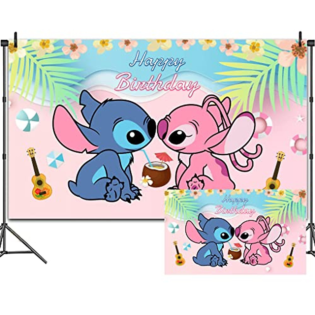 Stitch and Angel Happy Birthday Backdrop for Birthday Party Decorations Summer Tropical Hawaiian Beach Party Decorations Supplies Banner 5x3ft