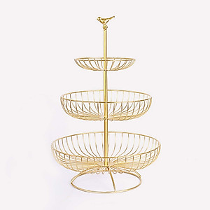SuperDuo 3-Tier Fruit Basket Bowl Metal Wire Countertop Vegetable Stand Holder with Top Handle-Bird Shape for Kitchen Livingroom -Golden