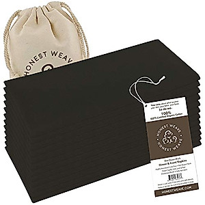 HONEST WEAVE GOTS Certified Organic Cotton Washable Cloth Napkins Sets for Everyday Dining, Dinner Parties, Weddings | Oversized 20x20 inches, Fully Hemmed, in Designer Colors, 12-Pack, Black