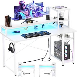 Besiost Gaming Desk with Lights & Power Outlets, 39.4' Computer Desk with Shelves, Small Desk for Small Space, Writing Desk with Monitor Stand, White
