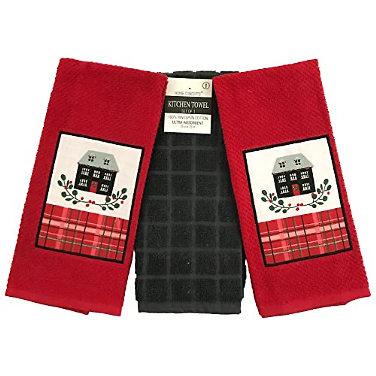 Christmas Holiday Kitchen Hand Towels: Red Terry Towels with Primitive Country Home Patch