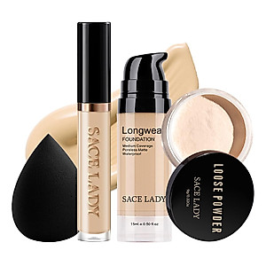 Face Makeup Base Set for Women with Flawless Matte Foundation, Full Cover Up Concealer for Eye Circles, Oil Control Loose Powder, Make Up Sponge, Lasting Waterproof Natural Cosmetics Kit 4Pcs