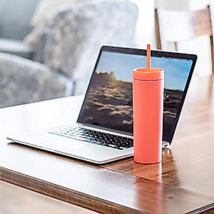 SKINNY TUMBLERS (4 pack) Matte Pastel Colored Acrylic Tumblers with Lids and Straws |16oz Double Wall Plastic Tumblers With Straw Cleaner INCLUDED! Reusable Cup With Straw | Vinyl DIY Gifts