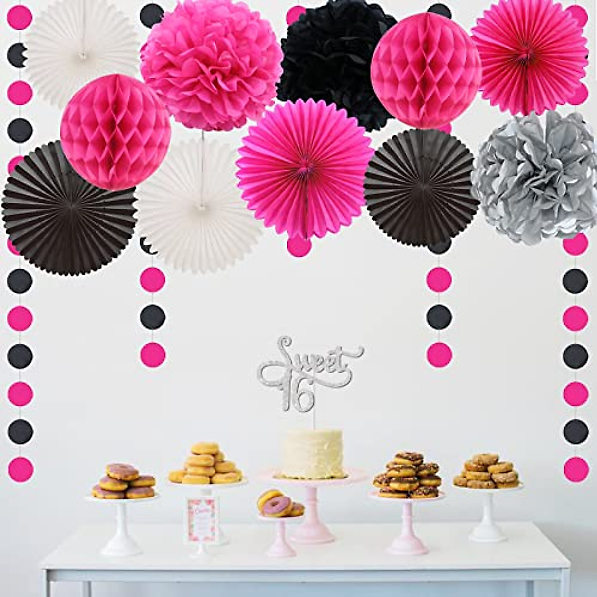 16th Birthday Decorations for Girls Hot Pink and Black Gold Happy Birthday Bunting Banner Tissue Pom Poms Paper Fans Circle Dots Sweet 16 Party Supplies…