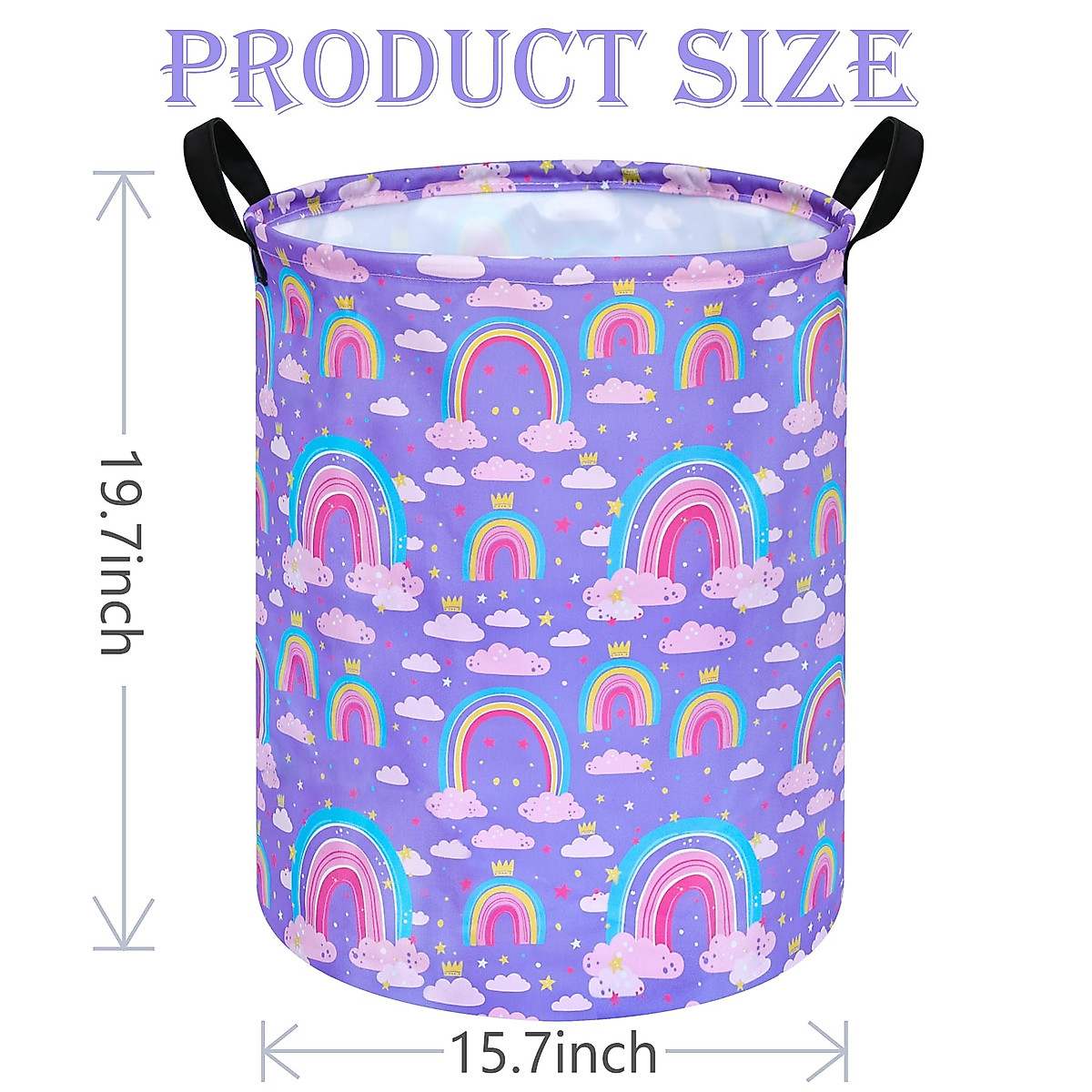 ACMUUNI 19.7 Inch Purple Rainbow Round Kids Round Laundry Clothes Hamper Dino Laundry Basket with Handles,Baby Toys Storage Organizer Bins Laundry Gift Basket for Boys and Girls Room, Bedroom Decor