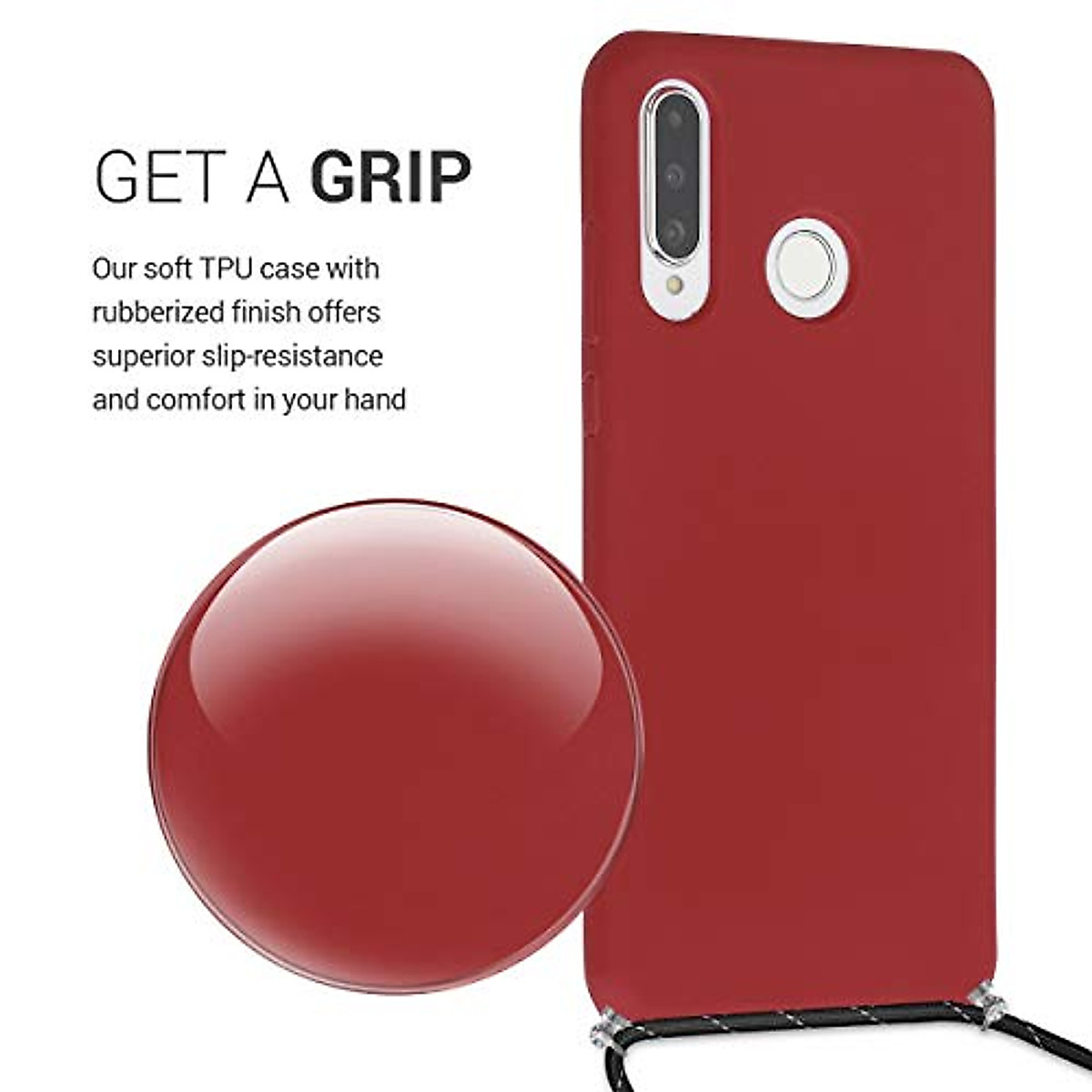 kwmobile Crossbody Case Compatible with Huawei P30 Lite - TPU with Silicone Coating Cover with Neck Cord Lanyard Strap - Dark Red/Black