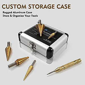 GMTOOLS 6 Pcs Step Drill Bit Set, High Speed Steel Unibit Drill Bits, Stepped Up Bits & Automatic Center Punch for Sheet Metal, DIY Lovers with Aluminum Caes, Total 50 Sizes for Multiple Hole