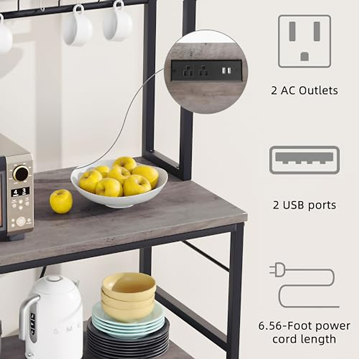 JAMFLY Kitchen Bakers Rack with Power Outlet, Coffee Bar Cabinet, Kitchen Racks with Storage Cabinet, 5-Tier Microwave Stand with 10 Hooks and Metal Wire Panel (31.5'', Gray)