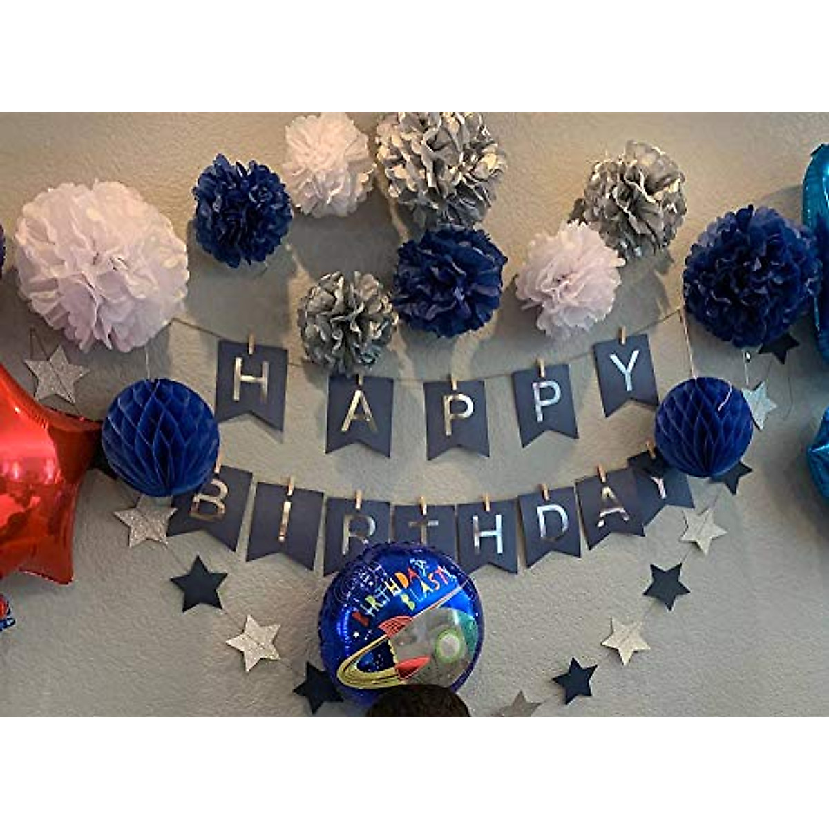 zorpia Outer Space Birthday Party Decorations 1st Birthday Boy Prince Party Decorations with Navy Silver Tissue Pom Poms Decorations Happy Birthday Banner Navy Blue Glitter Silver Paper Star Garlands