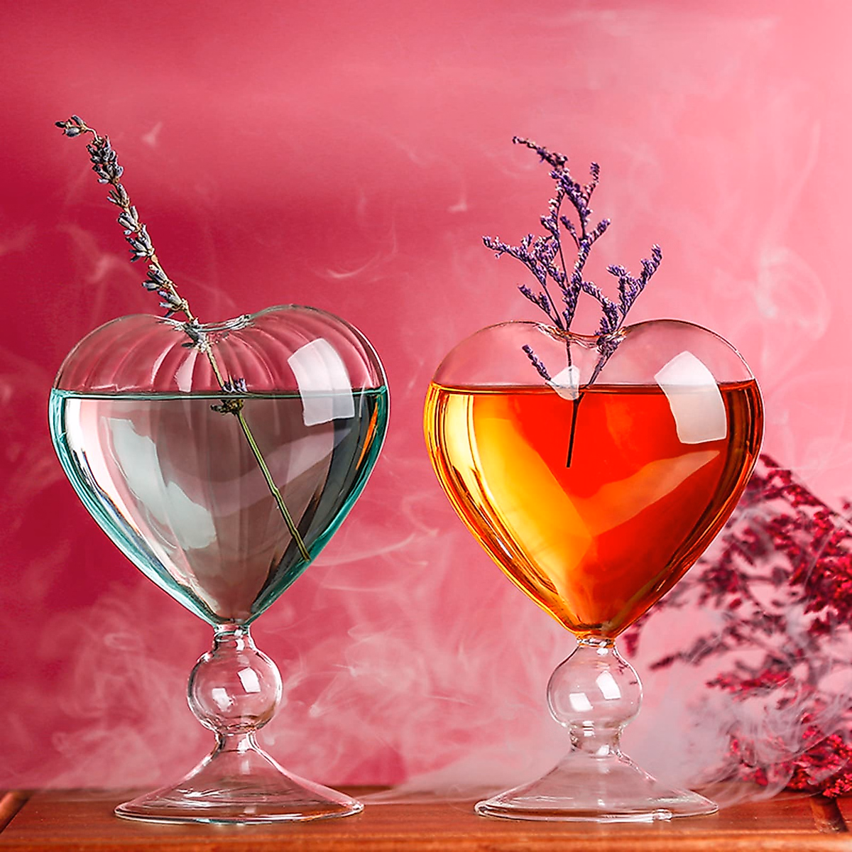 8 Oz Unique Cocktail Glasses Set of 2 Creative Heart Shaped Wine Glasses with Straw Romantic Drinking Glasses Juice Glasses for Wedding Home Bar Party(Glossy)