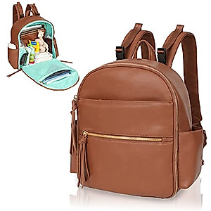 MOMINSIDE Small Diaper Bag Backpack, Mini Baby Diaper Bag with 11 Pockets, Leather Travel Baby Bag for Baby Girls, Diaper Bag Organizers, 2 Insulated Pockets, Stroller Straps, Baby Registry (Brown)