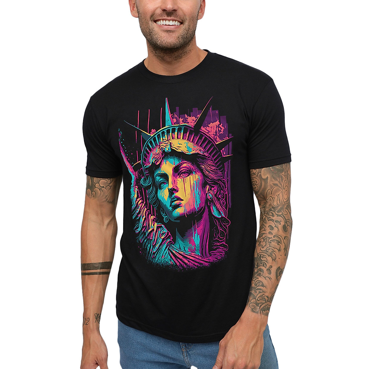 INTO THE AM Liberty T-Shirt - Cool Astronaut Design Tees for Men (Black, X-Large)