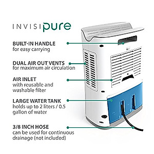 InvisiPure Hydrowave Dehumidifier - Small Compact Portable Dehumidifier for Home, RV, Bathroom, Closet, Bedroom, Small Room, Basement, Boat, Mold - Continuous Drain Hose Ready - Quiet Electric Peltier