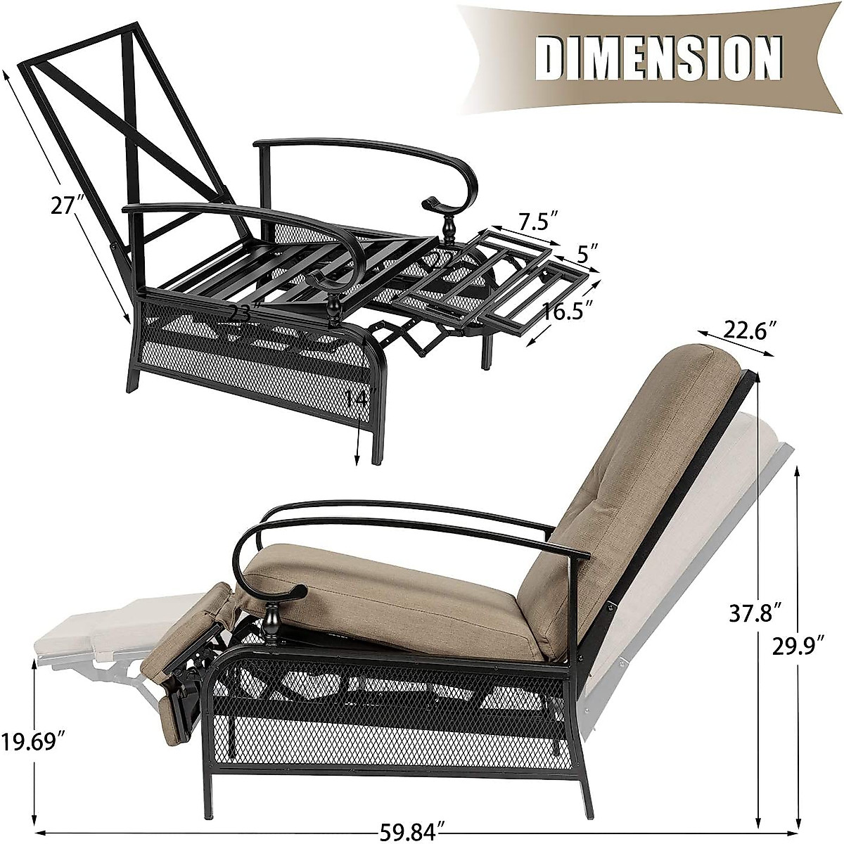 Betterland Outdoor Lounge Chair Set of 2 Metal Adjustable Patio Recliner Chair with Strong Extendable Frame and Thickened Removable Cushions, Beige