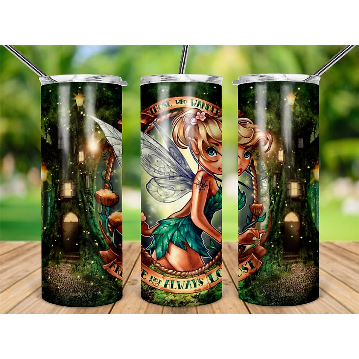 Tinker-Bell #3 20oz Stainless Steel Tumbler, Slide Door Lid & Straw Included, Adult Princess, Those Who Wander Are Not Always Lost, Gift, Great For Keeping Drink Cold or Hot