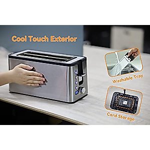 Mecity 4 Slice Toaster, Long Slot Toaster With Countdown Timer, Bagel / Defrost / Reheat / Cancel Functions,Warming Rack, removable Crumb Tray, 6 Browning Settings, Extra Wide Long Slots, Stainless Steel Bread Toaster, 1300 Watts