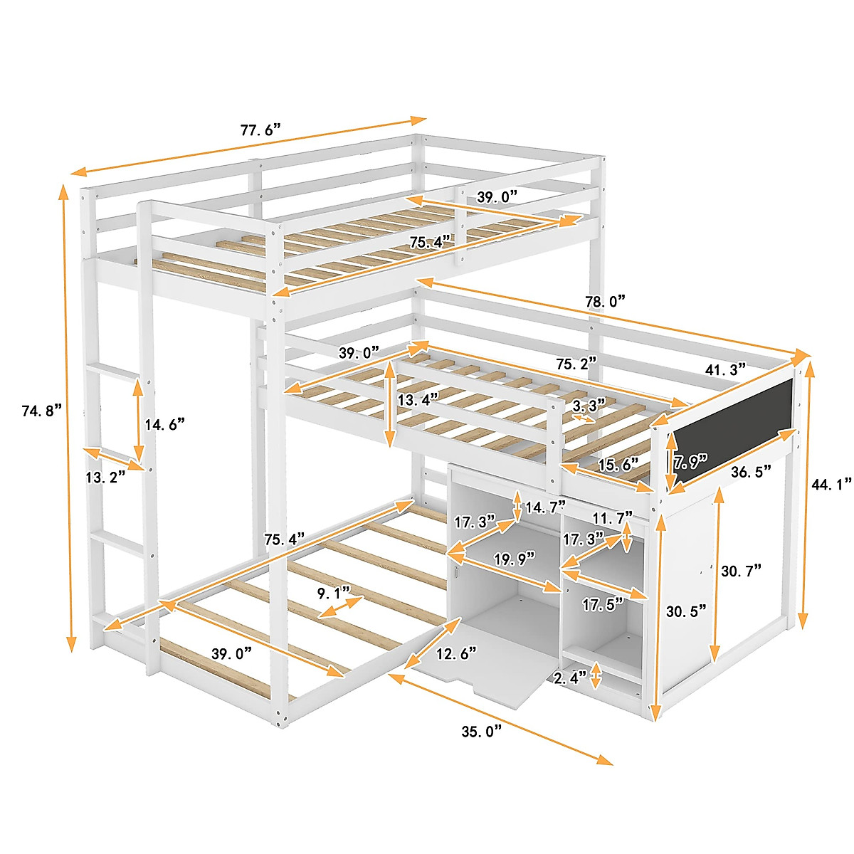 Eafurn L-Shaped Bunk Beds for 3,Twin Size Triple Bunk Beds with Storage Cabinet and Blackboard,Solid Wood Floor Bunk Bed for Kids Teens Adults