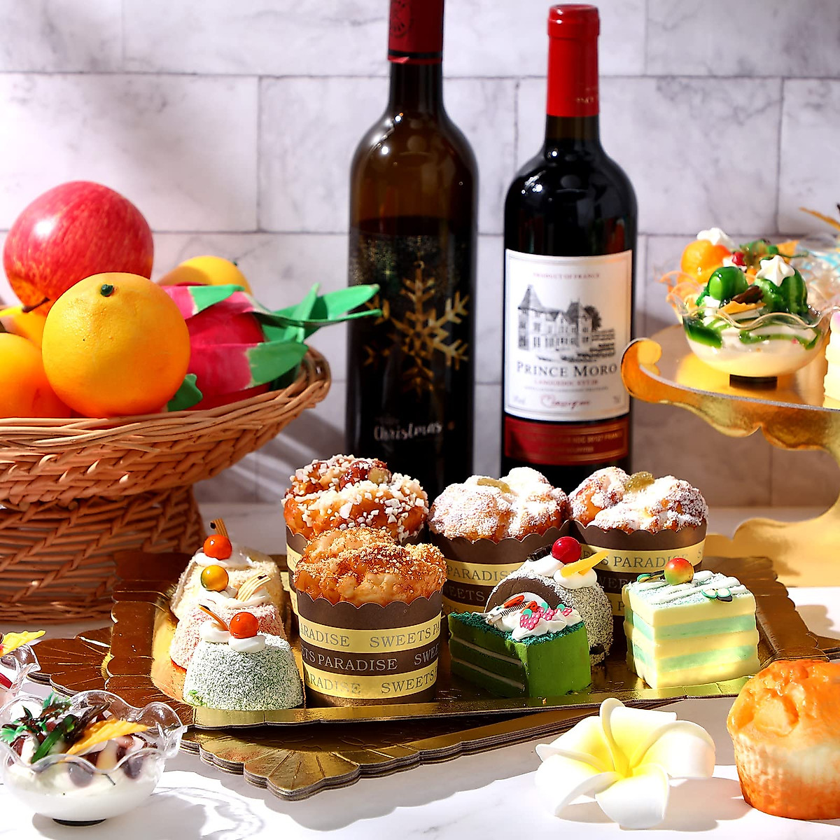 Zopeal 7 Pieces Cake Stand Set 3-Tier Cardboard Cupcake Stand 1-Tier Cake Stand Round Dessert Stand Rectangle Serving Tray Reusable Platters Cupcake Holders for Desserts Birthday Party(Gold)