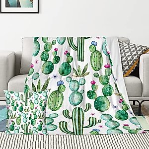 ZFYIPOK Cactus Throw Blanket, Fresh Cactus Flowers Lightweight Blanket Cozy Warm Blankets with 18x18 Inch Pillowcase for Bedroom Living Rooms Sofa Beds Office 60x50 Inch