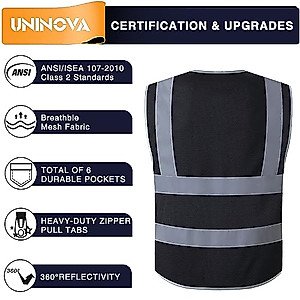 UNINOVA High Visibility Safety Vest - Multi Pockets Reflective Mesh Breathable Workwear, ANSI/ISEA Standards (Extra Large, Black Mesh)