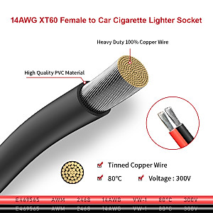 ELFCULB XT60 Female to Car Cigarette Lighter 14AWG 12V Cigarette Lighter Male Plug Connector Cable for Portable Solar Generator Power Station(5FT)