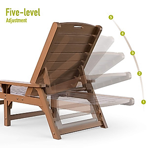 Hitwby Chaise Lounge Outdoor, 5 Adjustable Lounge Chair, Support up to 350 lbs, Reclining All Weather Poly Lumber Chairs for Poolside, Porch, Patio, Light Brown, 77L 22W 17H