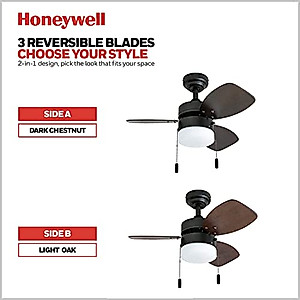 Honeywell Ceiling Fans Ocean Breeze, 30 Inch Modern Indoor LED Ceiling Fan with Light, Pull Chain, Dual Mounting Options, Dual Finish Blades, Reversible Motor - Model 50602-01 (Gilded Espresso)