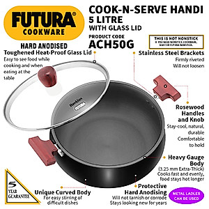 ‎Hawkins Futura 5 Litre Cook n Serve Handi, Hard Anodised Biryani Handi with Glass Lid, Saucepan, Sauce Pan, Black (ACH50G)