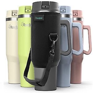 RANGLAND Leakproof 40 oz Tumbler with Handle and Protective Carrying Sleeve - Insulated Water Bottle Cup with Spill proof Straw Lid and Hand Strap (40 Ounce) Charcoal Gray