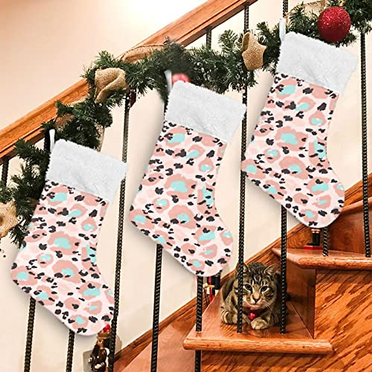 Kigai Christmas Stockings Pink Leopard Spots Large Candy Stockings Stuffers Kids Cute Xmas Sock Decorations 2PCS for Home Holiday Party 12" x18"