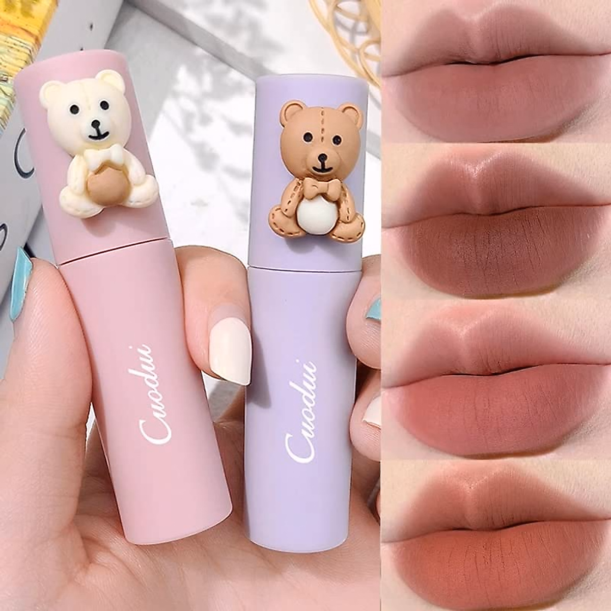 pulunto Mist Matte Velvet Lipstick, Waterproof Long Lasting Lip Gloss, Non Stick Cup Easy Coloring Liquid Lipstick, Cute Bear Beauty Makeup