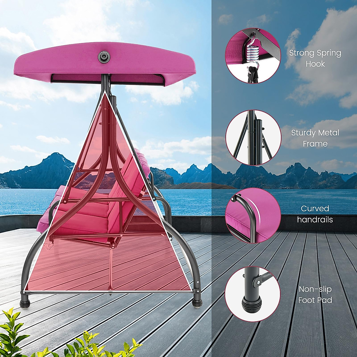 Tangkula 3 Person Porch Swing, 2-in-1 Convertible Patio Swing Bed with Removable Cushions, Solid Steel Structure, Outdoor Swing with Adjustable Canopy for Backyard, Balcony, Poolside (Wine)