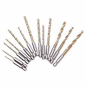 NUZAMAS 1/4” Hex Shank HSS Drill Bits, Set of 13 Titanium Coated Drill Bits, 1.5mm-6.5mm, High Speed Steel Quick Change for Woodworking, Plastic