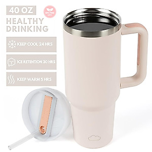 Cozy Steel 40 oz Tumbler with Handle and Straw Lid - Insulated Reusable Stainless Steel Travel Mug for Hot and Cold Beverages, Water Bottle, Iced Coffee Cup (Light Pink)