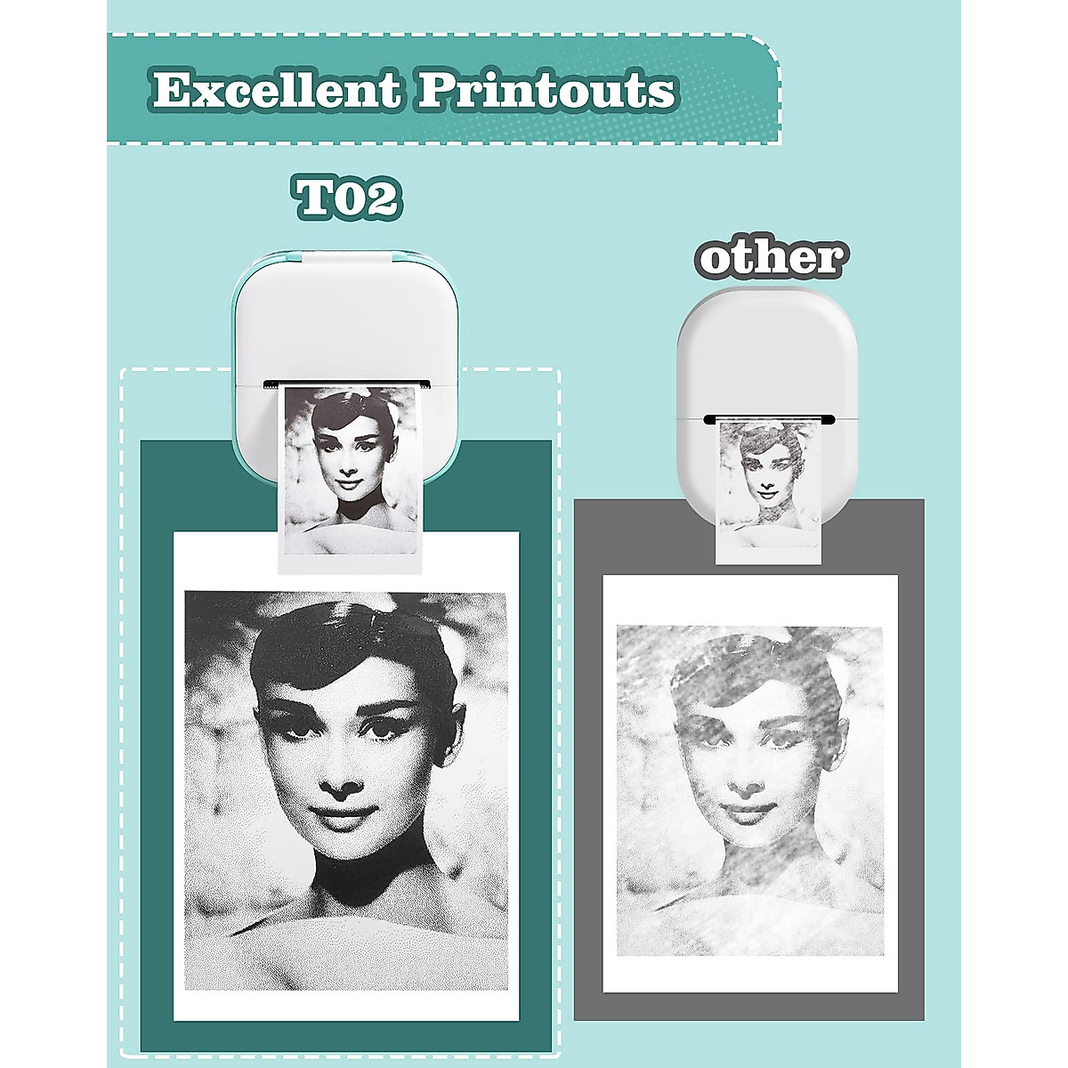 Memoking T02 Portable Small Printer with 3 Rolls Paper, Sticker Printer Machine for Study, Notes, Pictures, Photos, Journals, DIY and White Sticky Paper