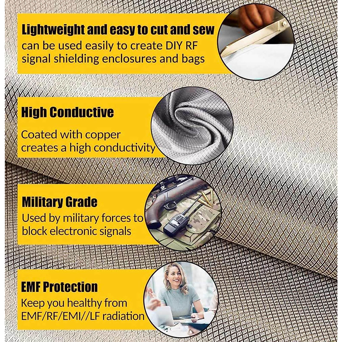 YSPP Faraday Fabric Military Grade Conductive EMF/RF/RFID Protection Blocking Cloth Shielding Fabric from Signals Bluetooth GPS Signal Blocker WiFi Jammer,gold-10x1.1m