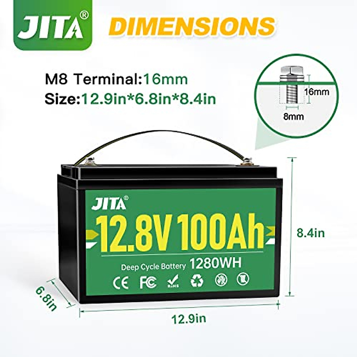 JITA 12V 100Ah LiFePO4 Battery 12.8V Lithium Battery, Built-in 100Amp BMS, 20000+ Deep Cycle,1280W Power Output for Trolling Motor,RV, Solar Power System, Marine, Home Energy Storage and Off Grid