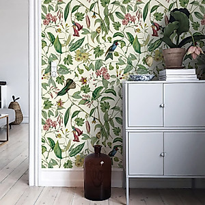 JiffDiff Peel and Stick Wallpaper Floral, Hummingbird Green Wallpaper Self Adhesive Wallpaper for Home Bedroom Cabinets and Kitchen Countertop 17.71"x118" Thicken