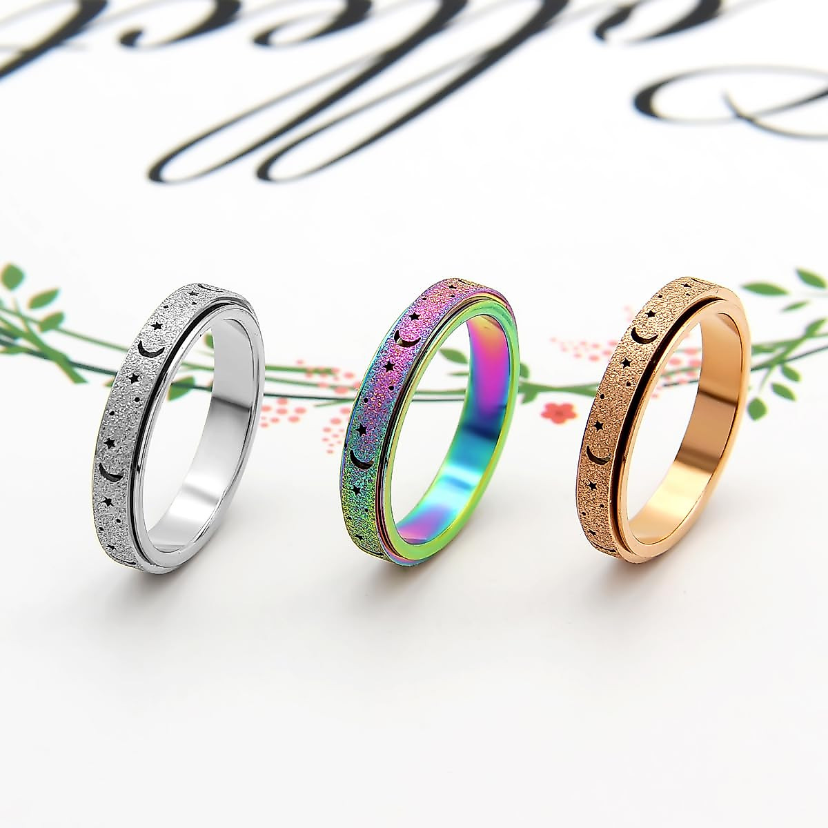 LuckyAmor Fidget Anxiety Ring for Women-3Pcs 4MM Rainbow Rose Gold Silver Moon Star Hollow Stainless Steel Spinner Rings for Anxiety Stress Relief Gift for Women party birthday