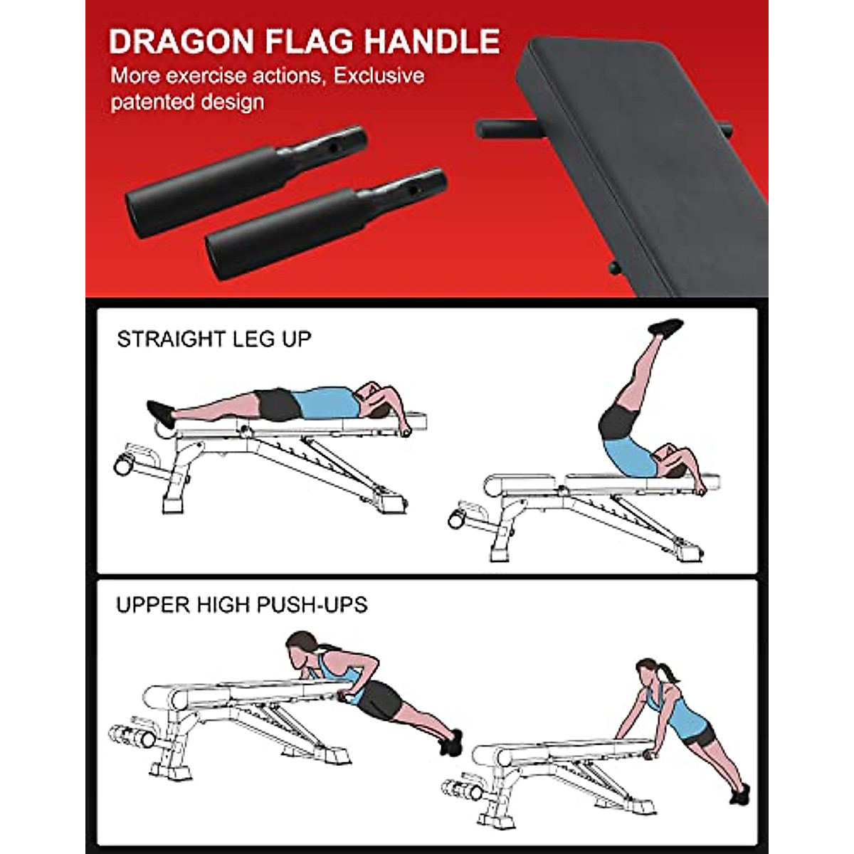 YOUTEN 1000 LB Weight Bench Heavy Capacity | 9-4-4 Almost 90° Adjustable Incline Decline Exercise Bench Press for Home Gym More Stable and Durable | Foldable Training Lifting Bench | Dragon Flag Handle for Abdominal Arm Workout