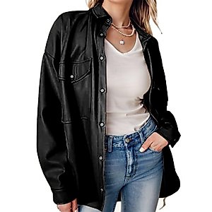 SeekMe Women's PU Leather Jacket Shacket Button Down Lapel Blazer Coat with Bust Pocket(0545-Black-L-QB)