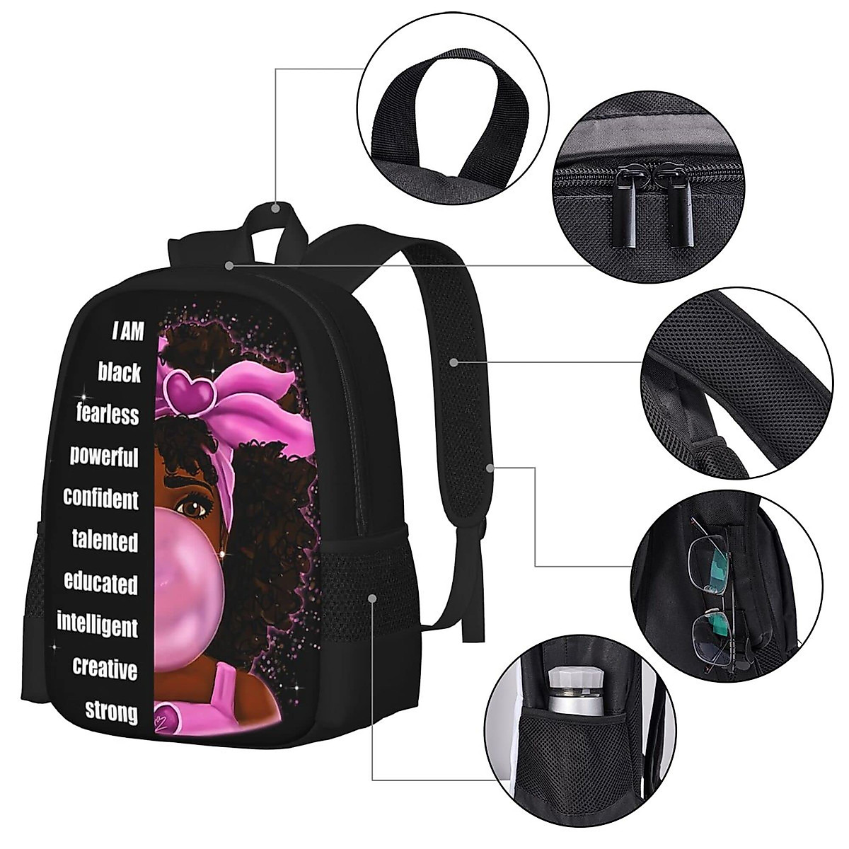 African Girl Backpack Cute Laptop Backpacks Lightweight Bookbag for Kids Teen School Students 17 Inch with Bottle Side Pockets