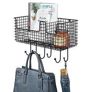 mDesign Metal Wire Farmhouse Wall Decor Storage Organizer Basket with 6 Hooks for Entryway, Hallway, Mudroom, Bedroom, Bathroom, Laundry Room - Wall Mount - Black