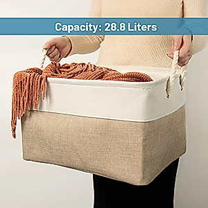HOdo Home Fabric Storage Bin with Drawstring Closure and 2 Bold Handles, Collapsible Large Canvas Storage Baskets for Organizing Shelf Nursery Home (White and Yellow, 15.8L×11.8W×9.5H - 4Pack)