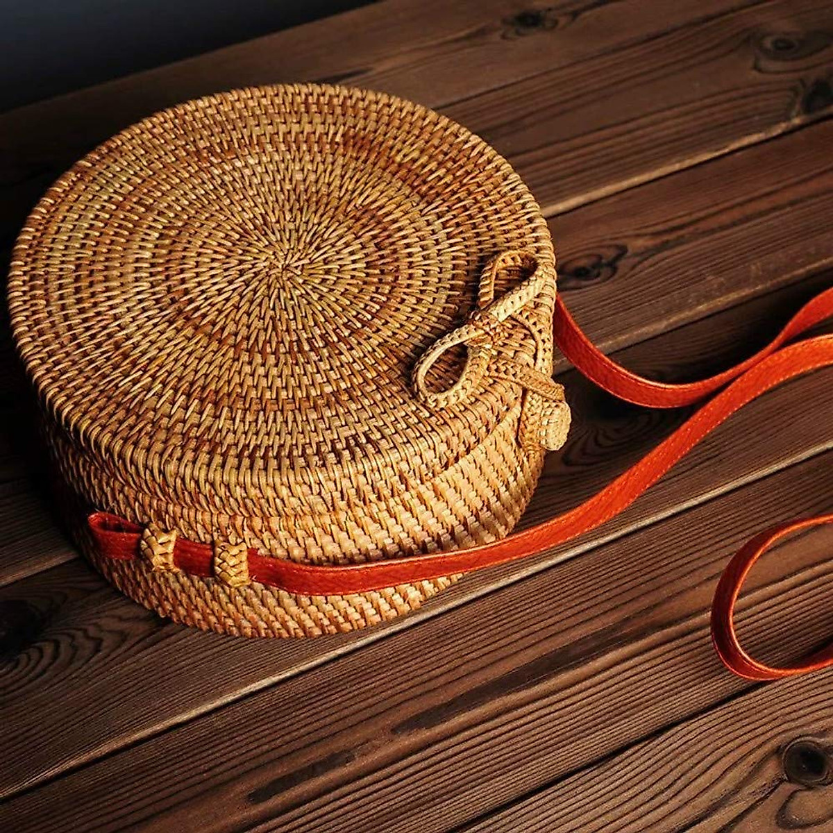 Kbinter Handwoven Round Rattan Straw Bag for Women Shoulder Leather Button Straps Natural Chic Handmade Boho Bag Bali Purse (Bow-Tie)