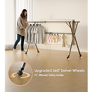 KitchLife Upgraded Clothes Drying Rack with Wheels, No Assembly Required, 95 Inches, Super Heavy Duty 201 Stainless Steel, Adjustable Foldable Laundry Drying Rack