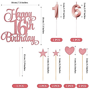 Lecferrarc 16th Birthday Cake Decorations, 16th Birthday Candles Cake Numeral Candles and Glitter Happy 16th Birthday Cake Toppers Set for Birthday Party Supplies (Rose Gold)