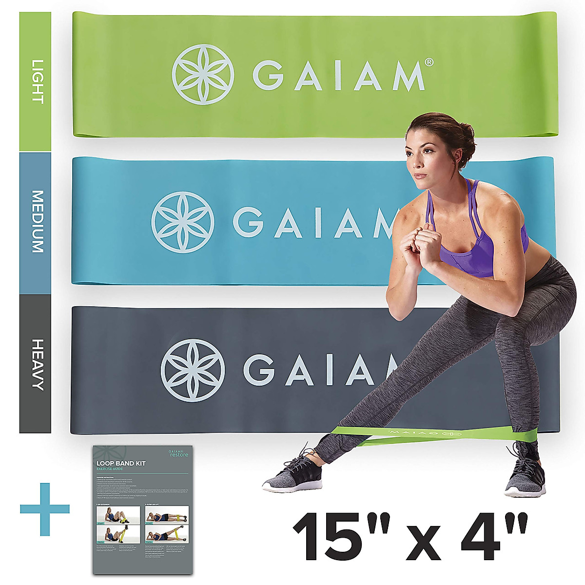 Gaiam Restore Mini Band Kit, Set of 3, Light, Medium, Heavy Lower Body Loop Resistance Bands for Legs and Booty Exercises & Workouts, 15" x 4" Bands